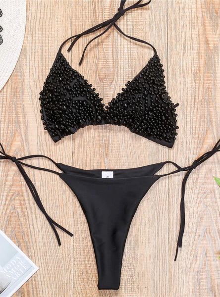 SOLID COLOR BEADED PEARLS BIKINI – Ncocon