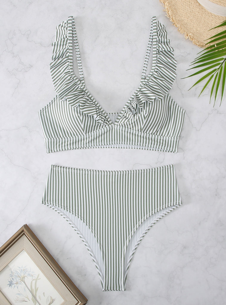 High waist ruffled striped printed swimsuit – Ncocon