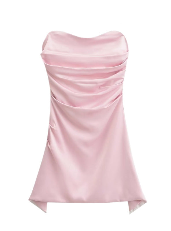 SEXY SATIN FISHBONE PLEATED BACKLESS TUBE TOP DRESS – Ncocon