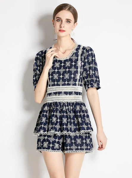 RETRO EMBROIDERED TOP+SHORTS TWO-PIECE SUIT – Ncocon