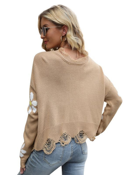 STYLISH HOLE LONG SLEEVE LOOSE SMALL FLOWER V-NECK SWEATER – Ncocon