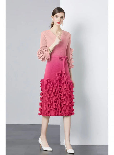 FOLDING WOODEN EAR RUFFLED SLIM V-NECK GRADIENT DRESS – Ncocon