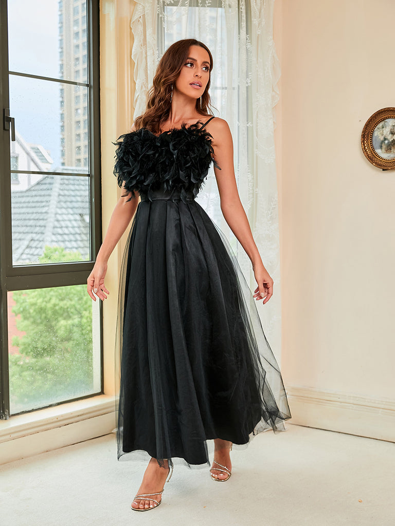 Black Feather Halter Mesh Evening Dress – Ncocon