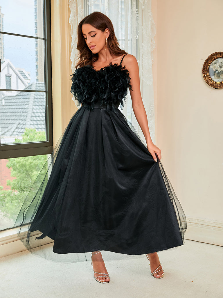Black Feather Halter Mesh Evening Dress – Ncocon