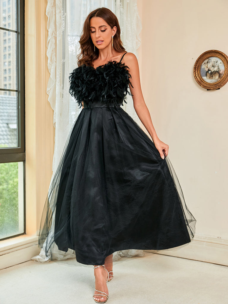 Black Feather Halter Mesh Evening Dress – Ncocon