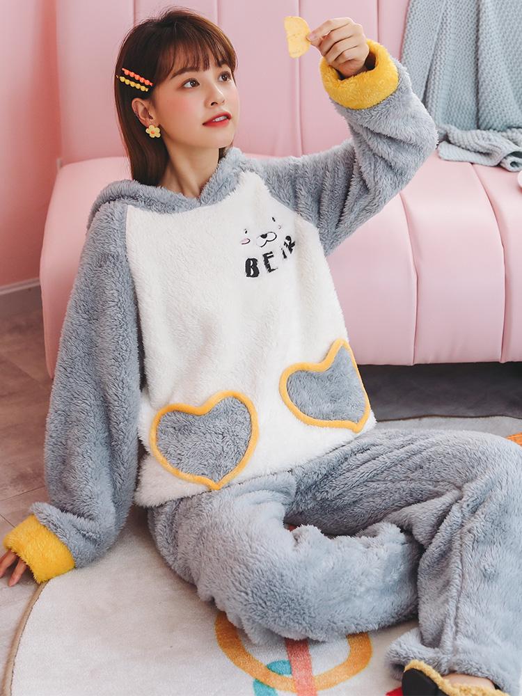 WOMEN GRAY HEART BEAR CUTE CARTOON FLANNEL – Ncocon