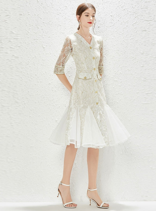 V-NECK EMBROIDERED LACE MESH FISHTAIL DRESS – Ncocon