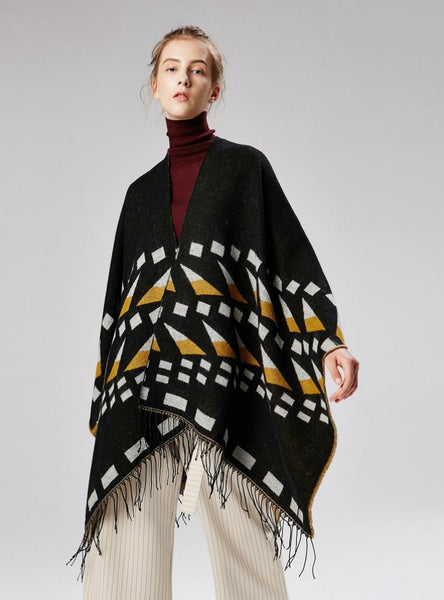 TRIANGULAR SMALL SQUARE JACQUARD TASSEL SPLIT CLOAK – Ncocon
