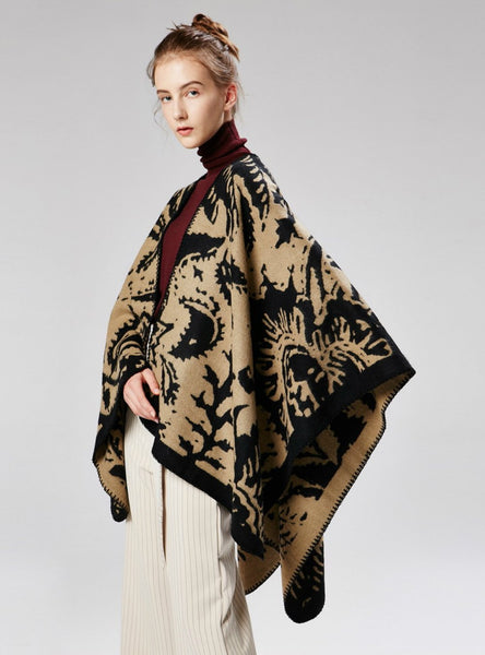LADIES FLOWER PATTERN SHAWL SPLIT LONG CLOAK – Ncocon