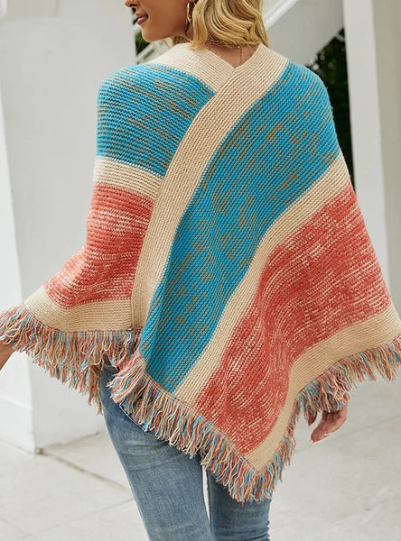COLORED STRIPED KNITTED CLOAK FRINGED SHAWL – Ncocon