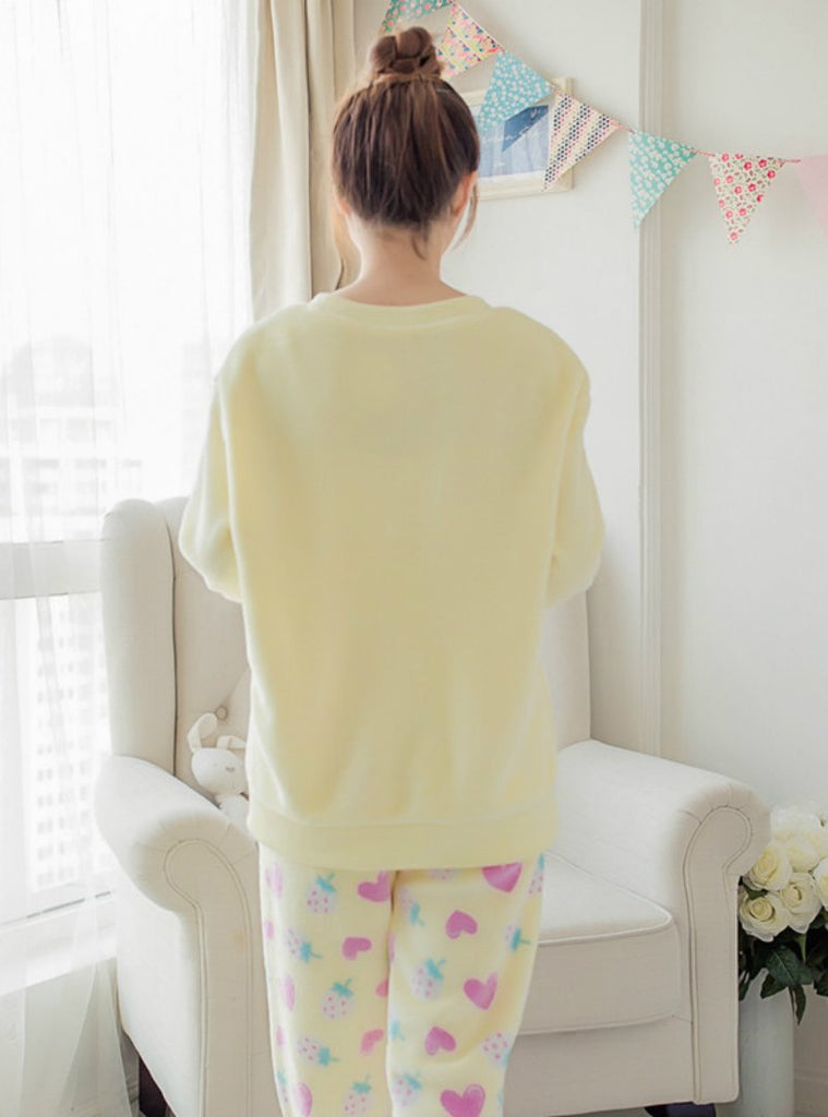 YELLOW COLOR PINK HEART PYJAMAS SETS THICK VELVET SUIT – Ncocon