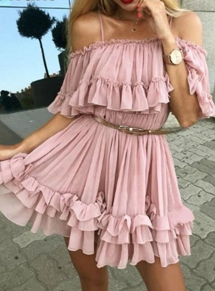 WOMEN RUFFLE OFF SHOULDER PLEATED SHORT DRESS – Ncocon