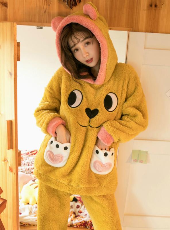 YELLOW BEAR CORAL VELVET PAJAMAS FEMALE WINTER – Ncocon