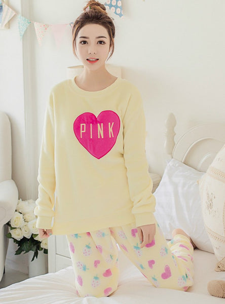 YELLOW COLOR PINK HEART PYJAMAS SETS THICK VELVET SUIT – Ncocon