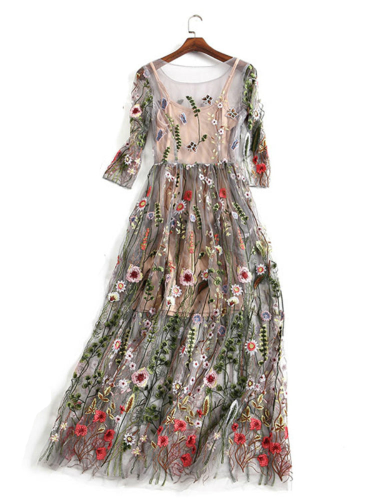 Half Sleeves Sheer Mesh Embroidery Boho Bohemian Long Dress – Ncocon
