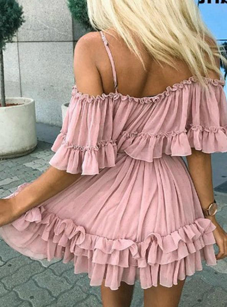 WOMEN RUFFLE OFF SHOULDER PLEATED SHORT DRESS – Ncocon
