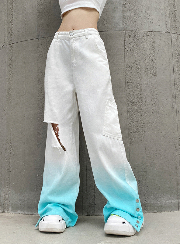 BLUE GRADIENT RIPPED STRAIGHT PANTS JEANS – Ncocon