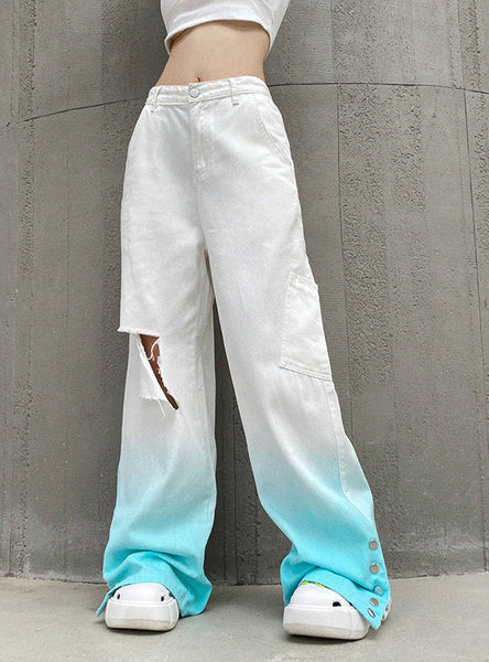 BLUE GRADIENT RIPPED STRAIGHT PANTS JEANS – Ncocon