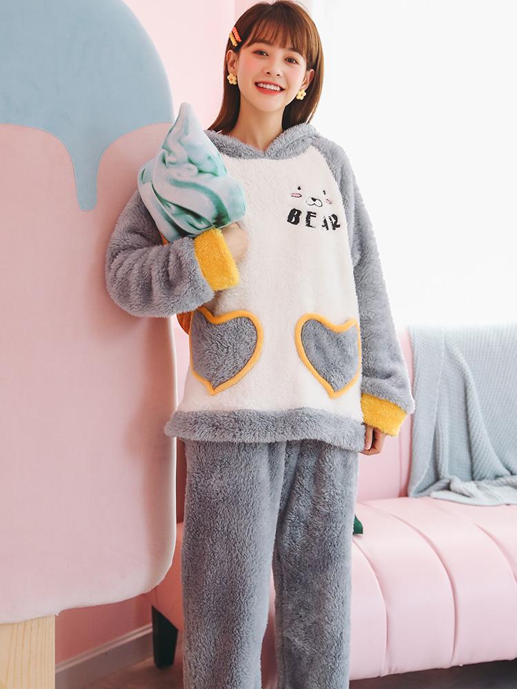 WOMEN GRAY HEART BEAR CUTE CARTOON FLANNEL – Ncocon