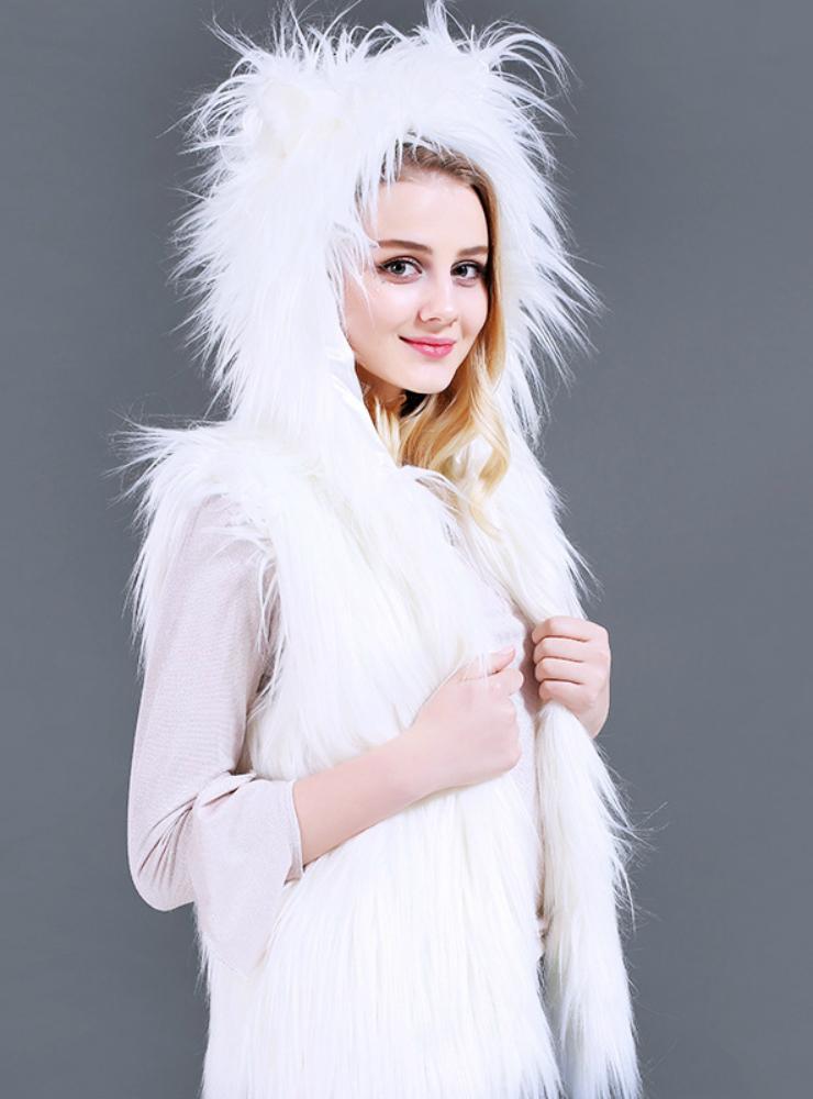 Women Long Hair Faux Fur Coat Belt Led Lamp Hooded Vest – Ncocon
