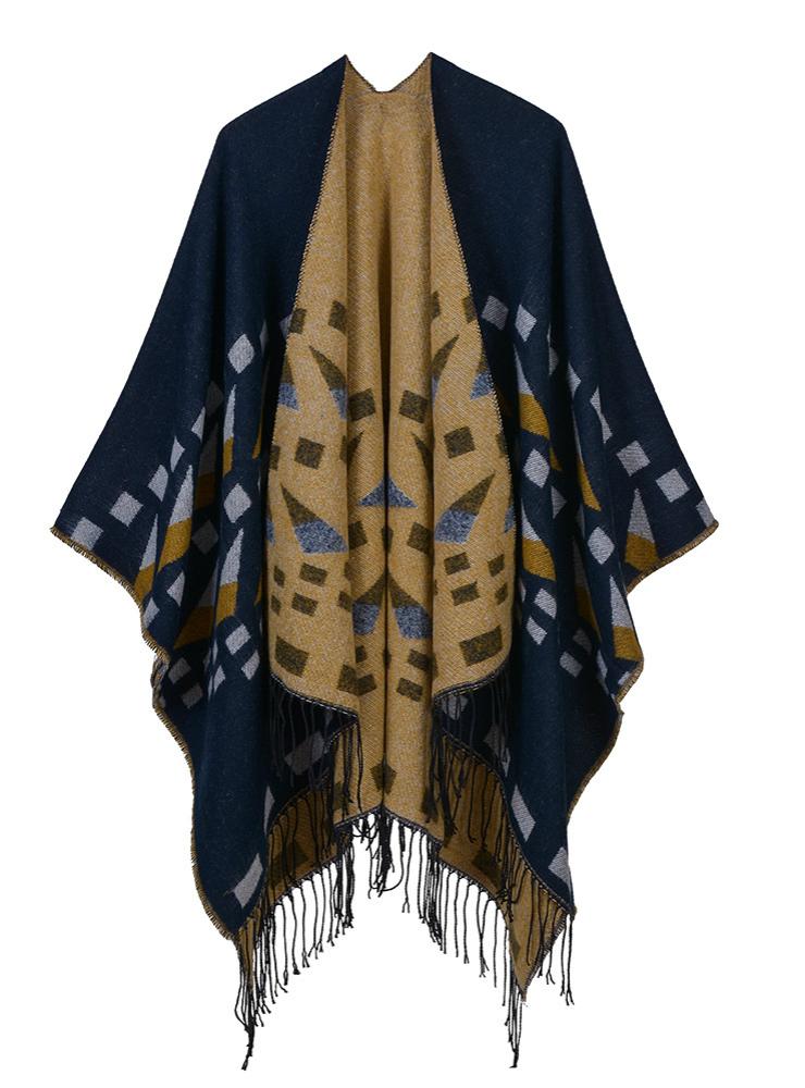 TRIANGULAR SMALL SQUARE JACQUARD TASSEL SPLIT CLOAK – Ncocon