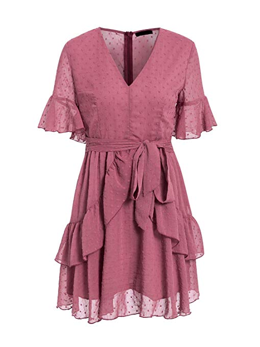 Women's Summer V Neck Chiffon Ruffle Mini Dress Elegant Tie Waist Shor ...