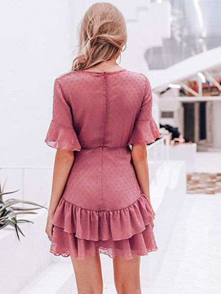 Women's Summer V Neck Chiffon Ruffle Mini Dress Elegant Tie Waist Shor ...