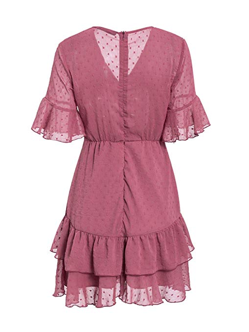 Women's Summer V Neck Chiffon Ruffle Mini Dress Elegant Tie Waist Shor ...