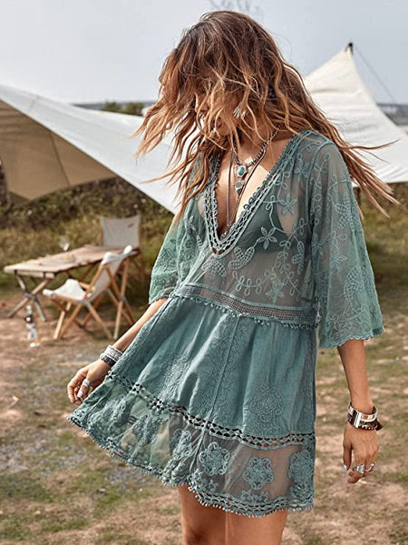 2023 Women's Daring Plunge V-Neck Lace Bikini Cover-Up Beach Dress – Ncocon