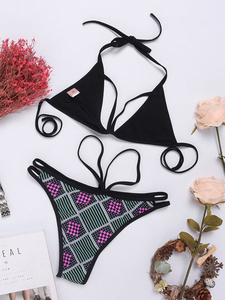 String Printed Backless Bikini Halter Buttoning Swimwear Swimsuit Ncocon
